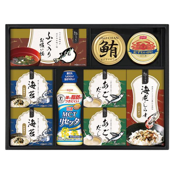 ●セット内容：あごだし(6g×2)・海苔茶漬け(5.5g×2)×各2、日清MCTリセッタ(200g)・鮪油漬けフレーク(70g)・ニッスイ紅ずわいがにほぐし身(55g)・ふぐ入りお吸いもの(3.2g×3)・海老しらすふりかけ(3g×3)×各...