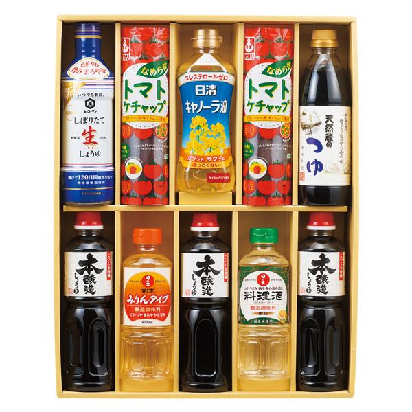 ●セット内容：サンビシ本醸造しょうゆ(500ml)×3、イカリなめらかトマトケチャップ(280g)×2、伊賀越天然蔵のつゆ(500ml)・キッコーマンいつでも新鮮しぼりたて生しょうゆ(450ml)・日の出(料理酒・割烹みりんタイプ)(各40...