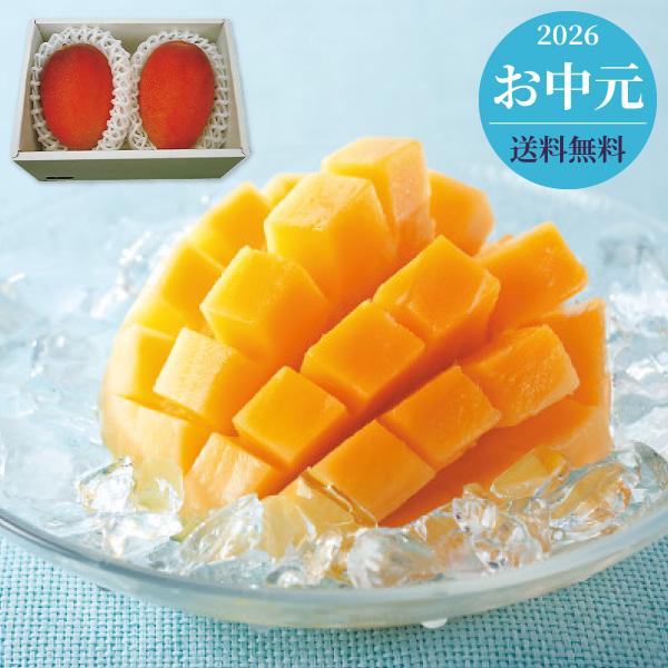 お届け日：7/3頃から7/27頃●マンゴー（沖縄県産）2玉（計600g）●原産国：日本●化粧箱入●箱サイズ：約24×16×12cm●箱重量：約1kg●梱包詳細：商品⇒化粧箱⇒シール熨斗⇒ＤＢパット⇒送り状●包装：包装なし●二重包装対応：不可...