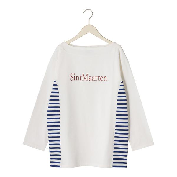 【商品説明】コレクションテーマでもある"シント・マールテン" をプリントしたロゴ入りのロングTシャツ。遊び心のあるサイドに入ったボーダーデザインは細見え効果も。長めの着丈で、ボトムスに入れずクシュっとさせても、インしてもかわいい。すっきりと...