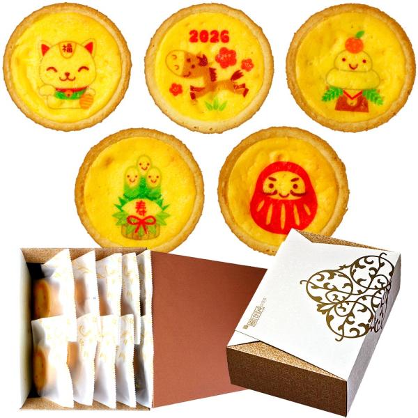 新年のお祝いに、干支の動物のイラスト入りお菓子をお作りいたします。しっとりダブルのチーズが風味豊かなおいしいチーズタルトです。年賀状代わりの贈り物や新春のご挨拶にご利用いただけます。品　名：チーズタルト原材料：小麦粉、砂糖、ナチュラルチーズ...