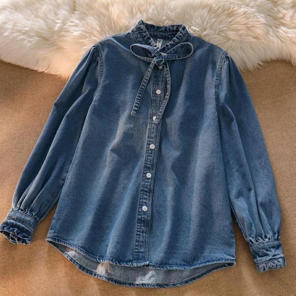ブラウス レディース トップス シャツ デニム 立ち襟 フリル リボン ボウタイ 長袖  春 春服指定された配送時間は承っておりません。【miha雑貨】  指定された配送時間は承っておりません。【Buona vista】