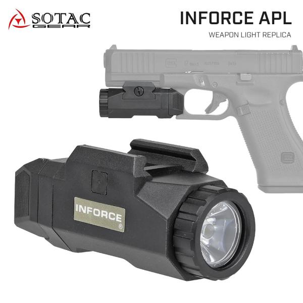 SOTAC製INFORCEAPLGen.1ハンドガンライトレプリカは、アンダーレールを持つ各種エアガンに対応する人気のウェポンライトです。グロックシリーズ、M45、SIGP220/226、Striker9など幅広いハンドガンに装着可能で、サ...