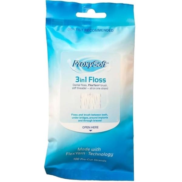 プロキシソフト 3 in 1 100本（プリカット・ストランド）プロキシソフト 3 in 1 フロスのソフトパックタイプです。 フロススレッダー・フィラメント・フロスと3役を1本にまとめた3in1レギュラータイプのストランド（スポンジフロス...