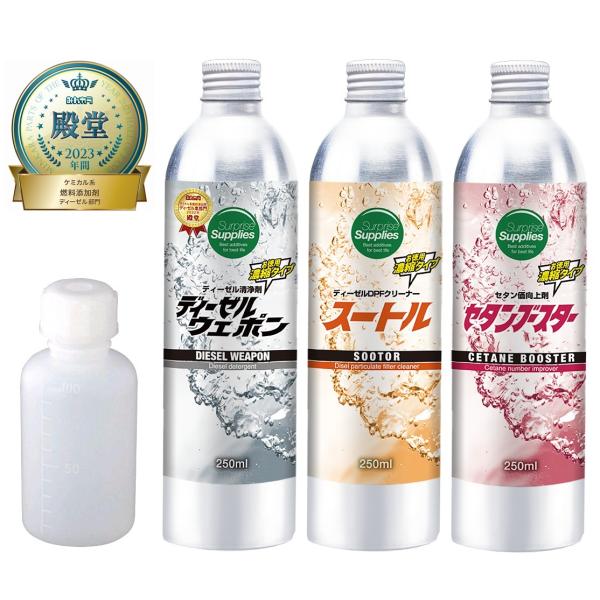 計量ボトル付(100ml)10ml毎に計量ライン表示あり小口タイプですので給油口に投入しやすいです。容量：ディーゼルウェポン　250mlスートル　250mlセタンブースター　250ml【特徴・効果】コスパ最強濃縮タイプです。複数回使えて経済...