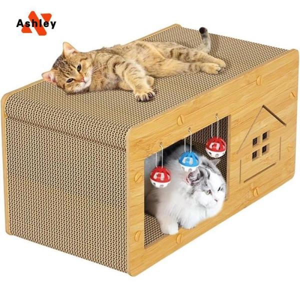 縦横両方向に使える猫用ハウスで、爪とぎ板としても使えます。木目調でおしゃれなデザインで、猫の隠れ家としても最適です。猫ちゃんが快適に過ごせるサイズで、小窓から外を眺めることもできます。 横、上、側面など、合わせて八面で爪とぎができる形になり...
