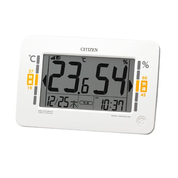 CITIZEN（シチズン）　【新環境目安表示付き 高精度デジタル温湿度計】毎日の体調管理に役立つ環境目安表示付きの高精度デジタル温湿度計。好評の8RZ232-002/003温湿度計をサイズアップし、掛置兼用にしました！使用場所を選ばず、快適...