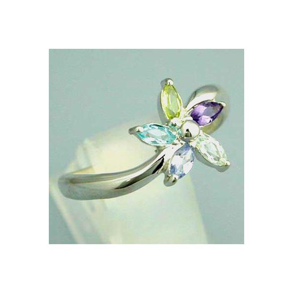 マーキースカットのブルー系の涼しげなジュエリーたちがお花のように形づくられたシックなリングです。調和のとれたマルチカラーの優美な愛らしい輝きに思わずうっとり…オシャレ度、満点♪シンプルで流れるような美しい曲線のフォルムはとてもフェミニン！心...