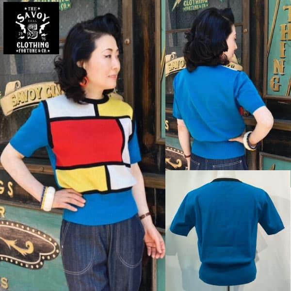 ★モンドリアン コンポジション パターンのジャガード編みプルオーバー サマーニットです。夏に向けたコットン100%のレディースサマーニットです。★Vintageタイプに太めの裾リブ。袖はロールアップリブ仕様。　★カラーは、ブラック／アイボリ...