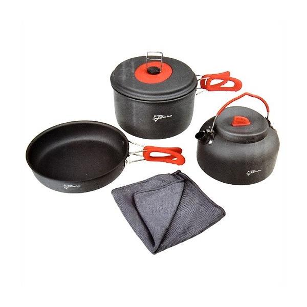 Coho キャンプ調理セットCamping Cookware Setキャンプや登山、釣り、ピクニックに最適な頑丈で軽いアルミニウム製耐久性があり、コンパクト収納、折りたたみハンドル設計内容品：フライパン、ポット、ケトル、ディッシュクロス、収...