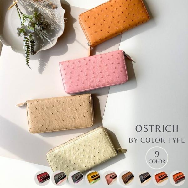 オーストリッチ 長財布 ラウンドファスナー 一枚革 本革 レディース