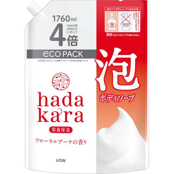 【商品名】　hadakara(ハダカラ)ボディーソープ泡タイプ詰替 フローラルブーケ大容量1760ml 【商品説明】　・保湿成分が洗い流されないボディソープ・原材料: 水、PG、ラウリン酸、グリセリン、ミリスチン酸、水酸化K、パルミチン酸、...