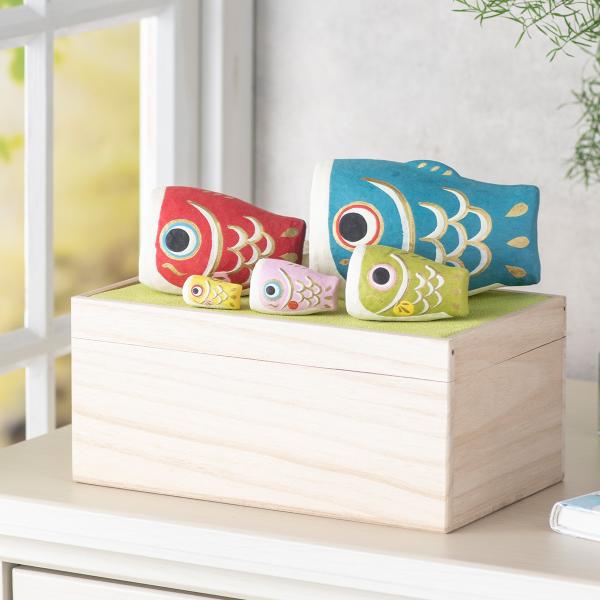 五月人形 鯉のぼり 桐箱セット【はりこーシカ】 こいのぼり 兜 コンパクト ちりめん <br> 室内 端午の節句 初節句 <br> 子供の日 マンションサイズ 『龍虎堂』リュウコドウ 五月人形 モダン <br&...