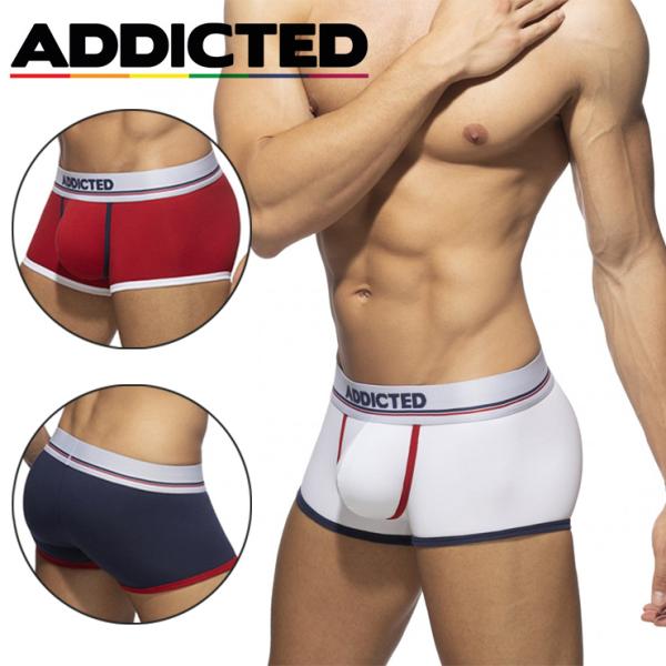 ◆ADDICTED◆ボクサー◆XS/S/M/L/XL※1枚のみでの販売です構成：綿95％-5％エラスタンメインカラーはホワイト、ネイビー、レッドADDICTEDダブルストライプジャカード弾性ウエストバンドあらゆるサイズのポーチに大容量バルセ...