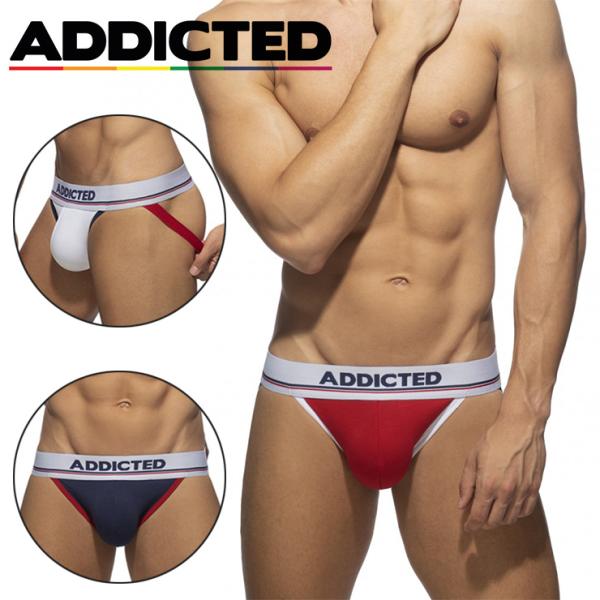 ◆ADDICTED◆ジョックストラップ◆XS/S/M/L/XL（日本サイズより異なる）※1枚のみでの販売です最高級の綿で作られた3色ジョックです。構成：綿95％-5％エラスタンADDICTEDダブルストライプジャカード弾性ウエストバンドお尻...