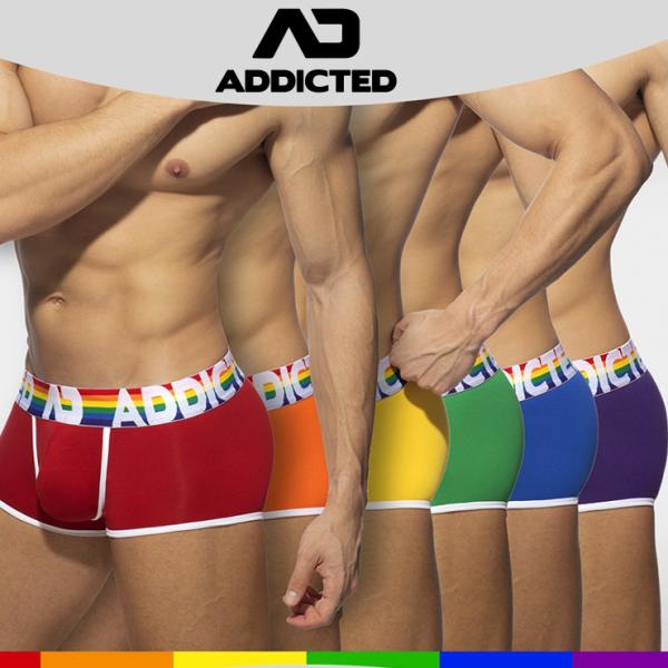 ◆ADDICTED◆ボクサーパンツ◆S/M/L/XL（日本サイズより異なる）◆綿95%、エラスタン5%※1枚のみでの販売です◆レインボーフラッグの色で作られた6つのボクサーレインボーカラーのジャカードウエストバンドに、白のAD ADDICT...