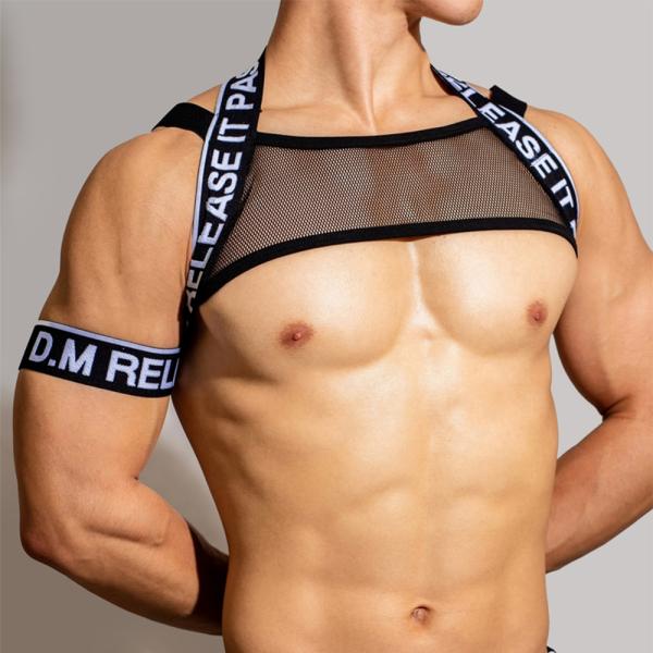 DM UNDERWEARポリエステル100%Mサイズ：体重55-68kgLサイズ：体重69-78kg商品説明弾性包帯で男性的なセクシー印象を与えます。セクシーなフィット感と胸元のメッシュ素材で通気性と快適性を両立。 伸縮性の高い素材を使用し...