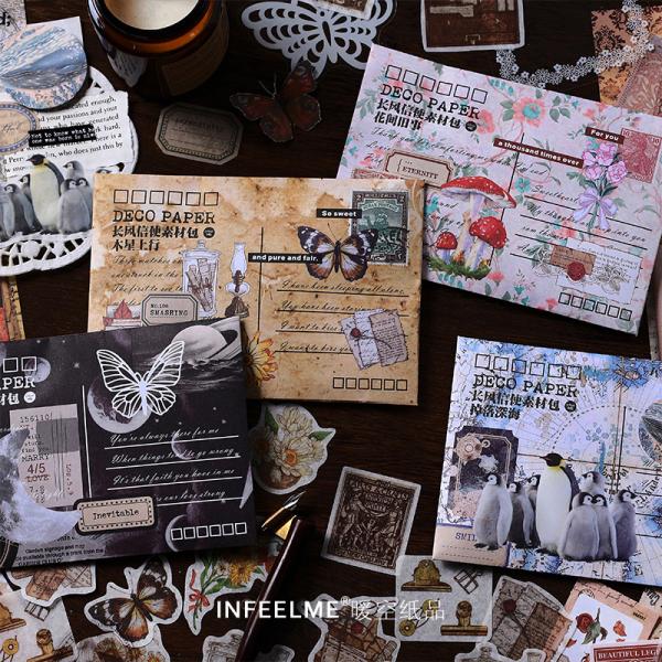 ポストカードサイズの封筒にシールや素材紙がギッシリ100枚1つで色んなコラージュ素材が揃います♪■内容量：コラージュ素材50種各2枚　合計100枚　和紙ダイカットシール20種40枚　透明フィルムシール10種20枚　素材紙20種40枚■サイズ...