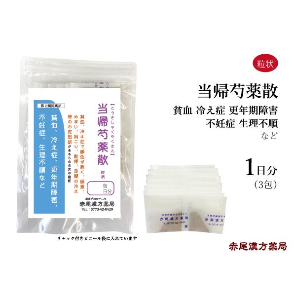 当帰芍薬散（とうきしゃくやくさん）【製造元】長倉製薬株式会社【内容量】3包（1日分）【効能・効果】体力虚弱で、冷え性で貧血の傾向があり疲労しやすく、ときに下腹部痛、頭重、めまい、肩こり、耳鳴り、動悸などを訴えるものの次の諸症：月経不順、月経...