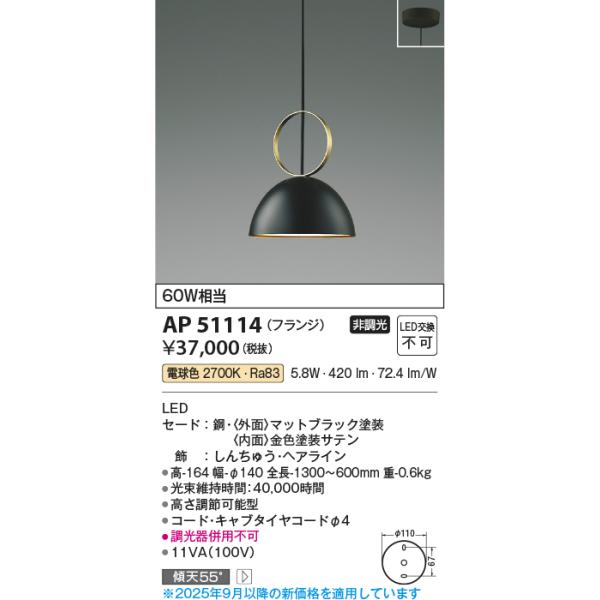 コイズミ【LEDペンダント】【電球色】【on-offタイプ】【直付タイプ】AP51114