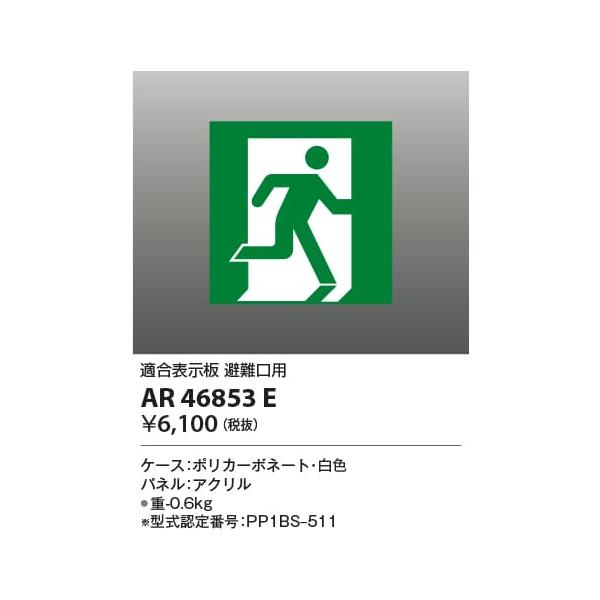 品番：AR46853E品名：誘導灯パネル価格：6100円メインスペック 税抜価格［円］：6100 器具ジャンル：非常用照明器具 あかり専科掲載ページ［ページ］：726 ケース：ポリカーボネート・白色 パネル：アクリル ●重-0.6kg ●A...