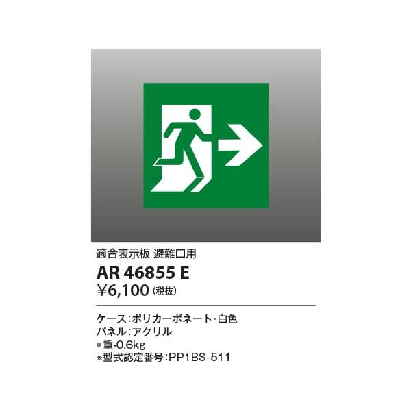 品番：AR46855E品名：誘導灯パネル価格：6100円メインスペック 税抜価格［円］：6100 器具ジャンル：非常用照明器具 あかり専科掲載ページ［ページ］：726 ケース：ポリカーボネート・白色 パネル：アクリル ●重-0.6kg ●A...