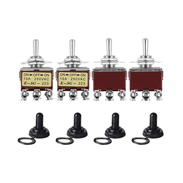 パッケージ個数:1・商品内容トグルスイッチ（6端子・3ポジション）4個入り、防水キャップ付。・製品属性種類：DPDT（双極双投）。動作形式：ON-OFF-ON。（ONとはレバーを押さないとOFFに戻る）。動作内容：本製品はモーメンタリ式スイ...