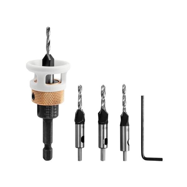 セット内容皿取錐*5：8*2.8mm、8*3mm、8*3.2mm、10*3.5mm、10*4mm；予備用交換ドライバービット*4 ；六角レンチ*1；延長軸*1。・上質な素材ドリルビットは高速鋼製、面取りカッターは高炭素鋼製。焼き入れ処理を経...