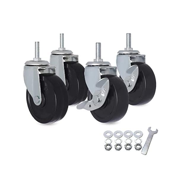 ブラック/-/-・4 個セットキャスターホイール - 2 個はブレーキなし、2 個はブレーキ付き。 ホイールの直径は3インチ（75mm）、ネジ付きステムの直径：3/8インチ（約9.2-9.6mm）、ネジ付きステムの長さは1インチ（25mm）...