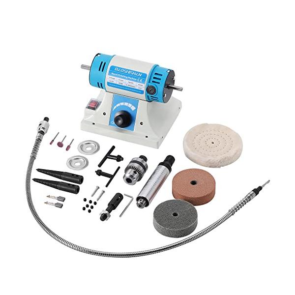 両頭型青い/青い卓上グラインダー +研磨アクセサリー/-・Size:青い卓上グラインダー +研磨アクセサリー・パッケージ個数:1・すべてのアクセサリーホイール×3（布ホイール、砥石、ファイバーホイール）、ドリルチャック×1、フレキシブルシャ...