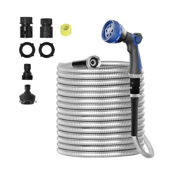 銀色/15m/-・Size:15m・パッケージ個数:1・ステンレス鋼散水ホース：高密度304ステンレス鋼製で、耐摩耗性に優れ、破片や枝などの鋭利なものによる損傷に耐えることができます。内層は厚くなったポリ塩化ビニルチューブで、圧力に耐え、破...