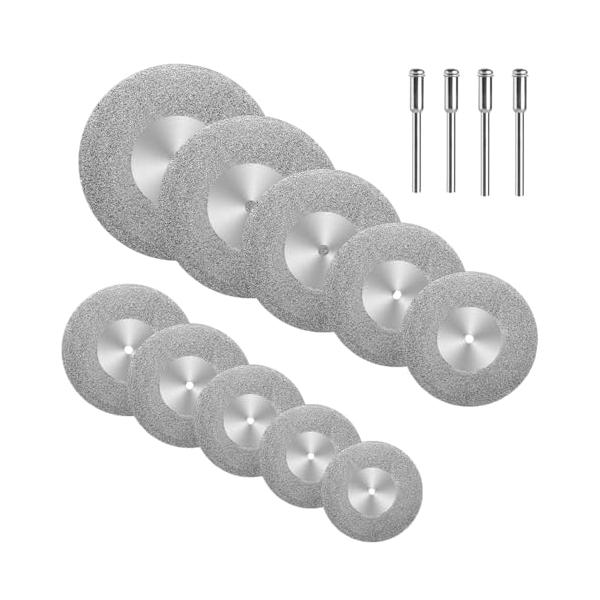 シルバー/-/MN887・パッケージ内容ダイヤモンドカッター10枚、軸4本（軸径2.35mm*2、軸径3.00mm*2）・サイズカッター：直径16/18/20/22/25/30/35/40/50/60mm、厚み0.6mm。軸：軸径2.35m...