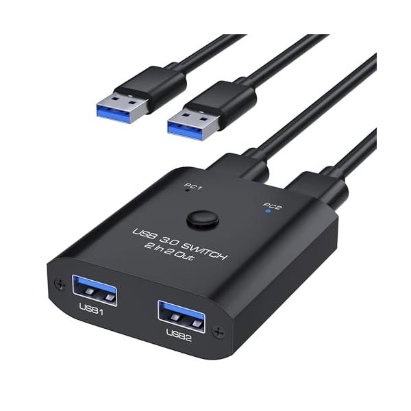 USBケーブル付きUSB切替器ブラック/-/AK-USB-01・Style:USBケーブル付きUSB切替器・パッケージ個数:1・USB3.0切替器 2入力2出力マウスやキーボード、USBメモリ、ドッキングステーションなど、2台のUSBデバイ...