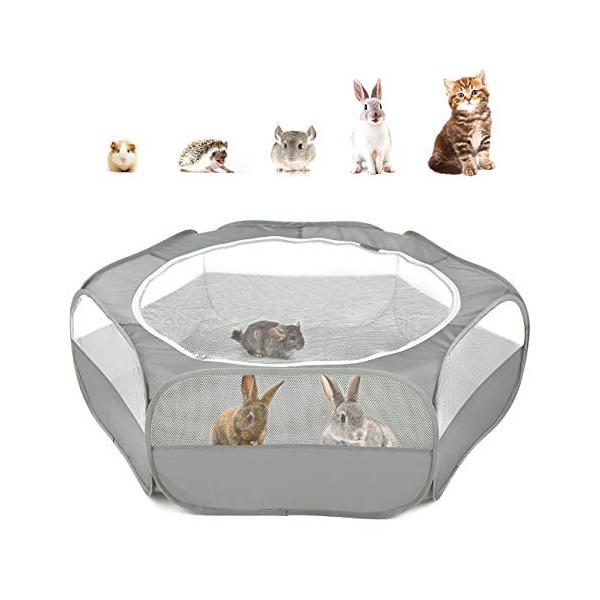 折りたたみ灰色/側面扉なし/-・Color:灰色Size:側面扉なし・パッケージ個数:1・遊び用小動物サークル 側面はオックスフォード布+メッシュ素材を採用しており、耐久通気性に優れています。ファスナー式のメッシュ屋根付き、ペットの飛び出す...