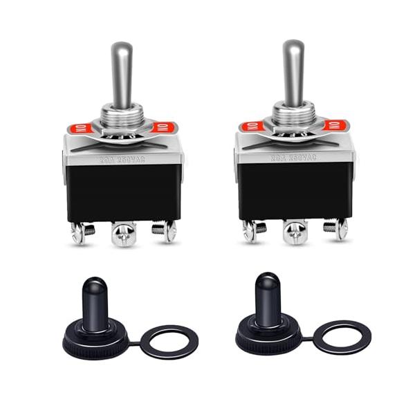 製品パッケージトグルスイッチ*2個、防水キャップ*2個。取付穴の直径：12 mm。・製品仕様コネクタタイプ：DPDT、端子番号：6ピン、タイプ：オン/オフ/オン。 定格電圧と電流: 10A 250VAC。接触抵抗：?50MΩ、絶縁抵抗：10...