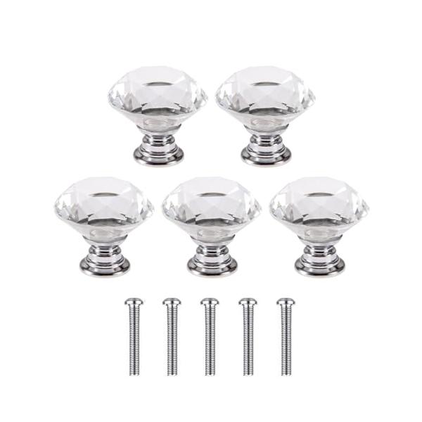 透明/-/1・セット内容引き出しノブ5個セット、サイズ：約高さ30mm*直径30mm（M4×22mmネジ付属）。カラ：透明。（寸法は人工測定で誤差がある場合がありますのでご了承ください。）・高級感あふれるクリスタルガラスと耐久性合金素材光学...