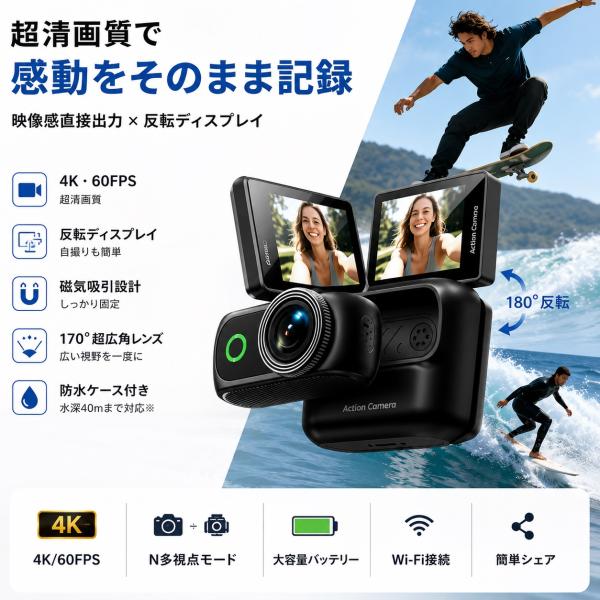 商品名 アクションカメラカラー ブラック / ブルー / ピンク / ホワイト / オレンジサイズ 67*53*52mm重さ：約 246g核心機能・特長 磁気吸着式分離設計：拡張ユニット + カメラが磁気吸着で簡単着脱！バイクハンドル / ...