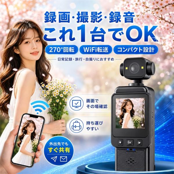 ★スクリーン・1.6インチ★光学ズーム・6倍デジタルズーム★動画解像度・1080P★バッテリー容量・1000mAh★設定言語・日本語対応【圧倒的アングル自由度的な機能】手動で上下360°＋左右270°回転レンズ。天井・足元・自分撮り・後ろ姿...