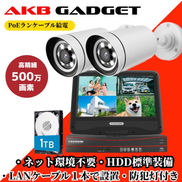 【パッケージ内容】・NVR本体（1TB HDD 内藏）・500万IP66防水カメラ×2台・本体電源・カメラ給電用LANケーブル20m×2本・HDMIケーブル(1m)・マウス・モニター接続用LANケーブル(1m)・日本語取扱説明書・カメラ固定...