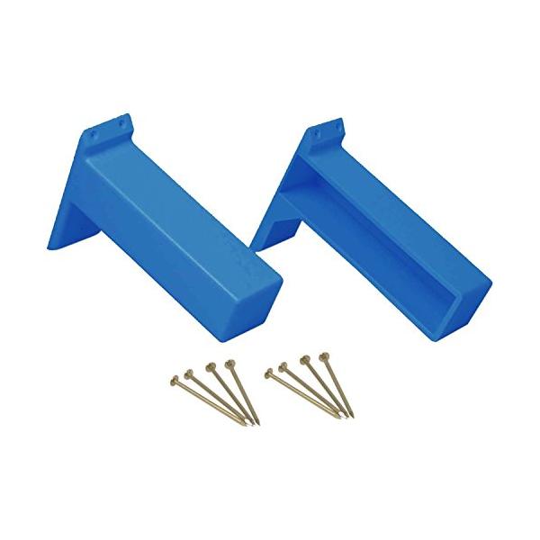 セット内容:棚受け本体(左右)1セット、取り付け用ピン8本(うち予備2本)色:ブルー木材差込部分サイズ:約幅23×高さ20×奥行90mm耐荷重:約2kg施工時間目安:約5分材質:PC