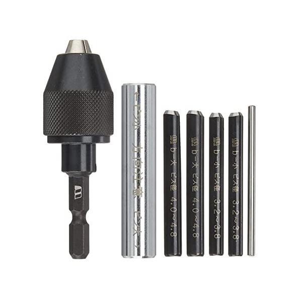 仕様:6.35mm六角軸適応ビス:(ピン小)3.2~3.8mm・(ピン大)4.0~4.8mm材質:普通鋼セット内容:逆回転チャック・専用ピン(小)3本・専用ピン(大)3本・押出治具・押出棒