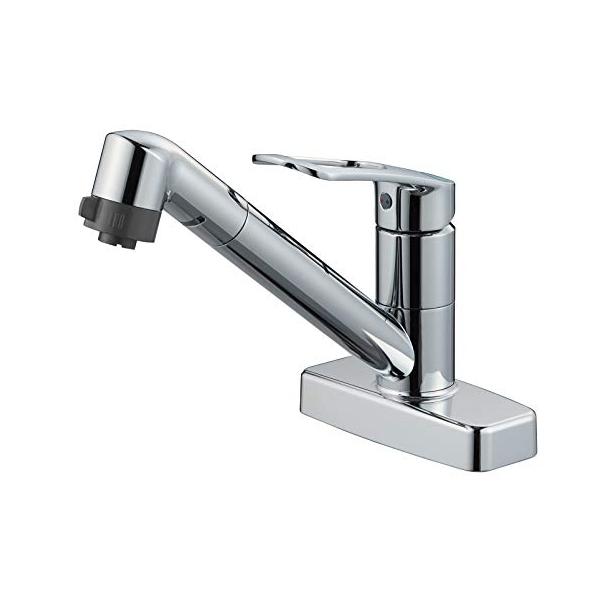 ミニキッチン用の台付き混合栓。シャワーと整流の切替え付き。