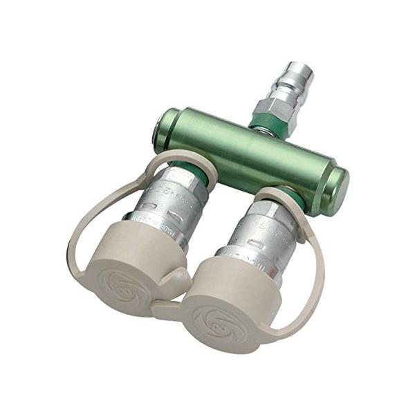 取入口:1/4インチハイカプラ最高使用圧力:1.5MPa仕様:2分岐配管用適用流体:空気本体:アルミニウム・鋼鉄(プラグ・ソケット)、パッキン(ゴム):ニトリルゴム(NBR)