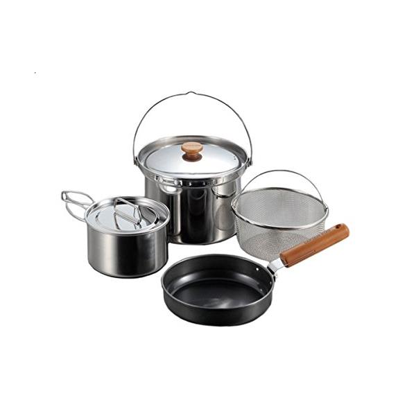 【商品概要】原産国:日本収納サイズ:(約)247×230×高さ181mmセット重量:(約)2kgセット内容:20cm鍋×1、16cm鍋×1、フライパン20cm×1、取っ手×1、バスケット×1、収納バッグ×1材質:鍋/ステンレス鋼(クロム18...