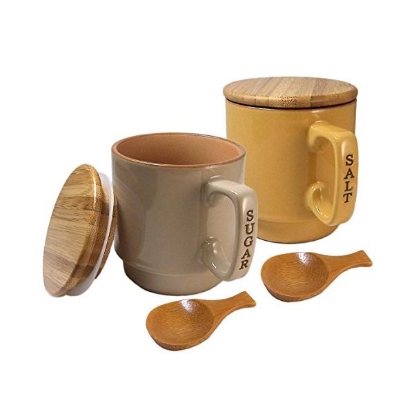 【商品概要】本体サイズ:キャニスターフタ付きΦ85ｘH58ｍｍ さじ 75ｍｍ本体重量:800ｇセット内容:キャニスターフタ付きｘ2 さじｘ2生産国:キャニスター日本(美濃焼き) フタ・さじ 中国用途:内側が無釉(素焼き)のマグ型キャニスタ...