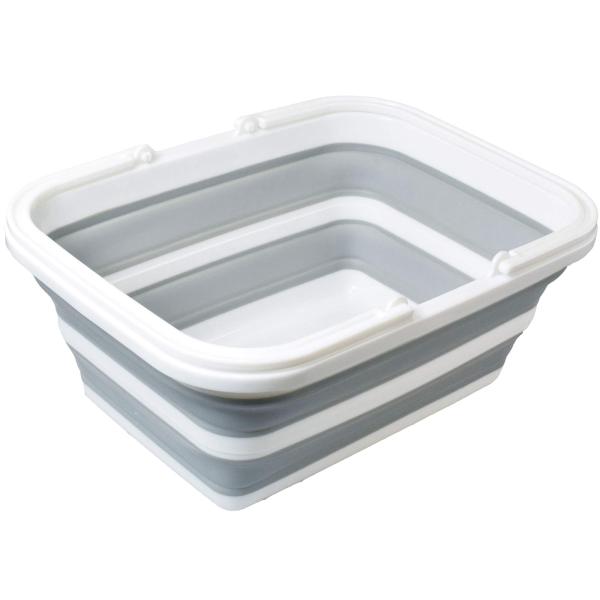 【商品概要】【サイズ(約)】38.5×28.7cm 高さ:5.5〜17cm【容量(約)】8.5L【カラー】ホワイト×グレー【素材】ポリプロピレン、TPE【生産国】中国【たたんで伸ばしてどこでも大活躍♪】ぐっと一押しでぺったんこ！片付け場所に...