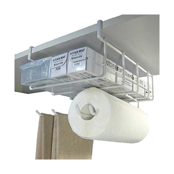 【商品概要】ラップ４本と、フキン２枚、キッチンペーパーも、全部まとめて、吊り戸棚下の幅２３ｃｍ以内で納まります。ロールペーパーは片手でカットしやすいバネ式の独自形状です。棚板の厚み３ｃｍまで、扉とのすき間４ｍｍ以上の吊り戸棚の棚板にセットで...