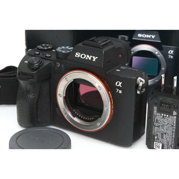 ■商品名ソニー α7 III ILCE-7M3 ボディ（センサー清掃済み）■状態並品[外観]全体的に使用に伴うスレや傷があります。各角に塗装はげ、汚れ、てかりがあります。電源スイッチクリック感がありません。液晶保護フィルムが一部剥がれてきて...