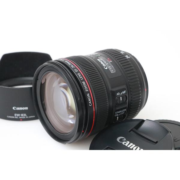 ■商品名キヤノン EF24-70mm F4L IS USM■状態良品[外観]概ねきれいな状態ですが、一部スレや傷があります。鏡胴やリング部にテカリや剥げがあります。フードに傷があります。[光学]チリの混入はありますがくもりやカビなどは無く実...