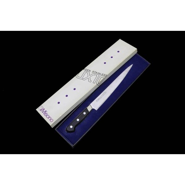 ■商品名ミソノ 筋引包丁 240mm UX10 ステンレス 鍔付き柄 箱付■状態並品■詳細刃渡り：約 242 mm (切先からアゴまで)刃の幅：約 32 mm (刃元周辺)刃の厚さ：約 2 mm (刃元部峰側)重量：約 170 g・当店の主...